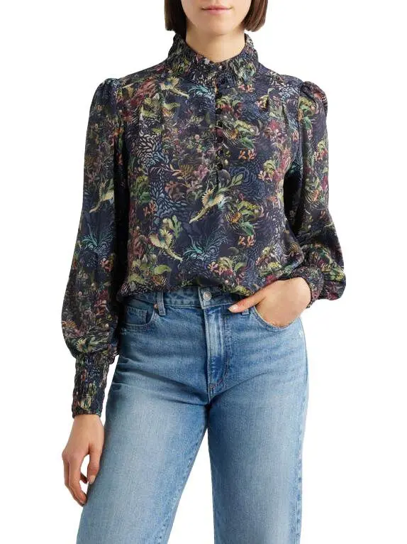 APNY Floral Print Smocked Cuff Long Sleeve Top - Black Multi