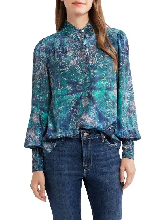 APNY Floral Print Smocked Cuff Long Sleeve Top - Dark Turquoise