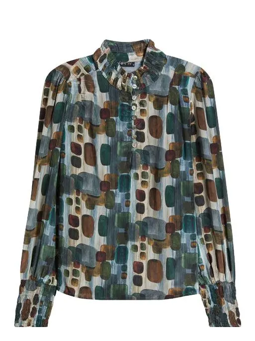 APNY Floral Print Smocked Cuff Long Sleeve Top - Green Multi