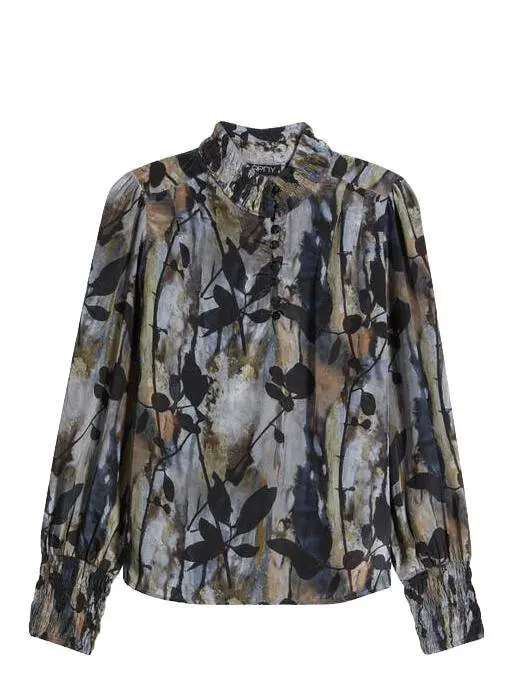 APNY Floral Print Smocked Cuff Long Sleeve Top - Grey Multi