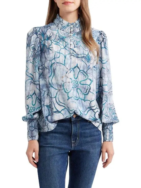 APNY Floral Print Smocked Cuff Long Sleeve Top - Turquoise Multi