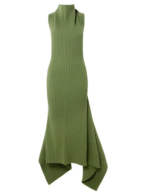 Victoria Beckham Asymmetric Gathered Ribbed Wool-blend Midi Dress - Green