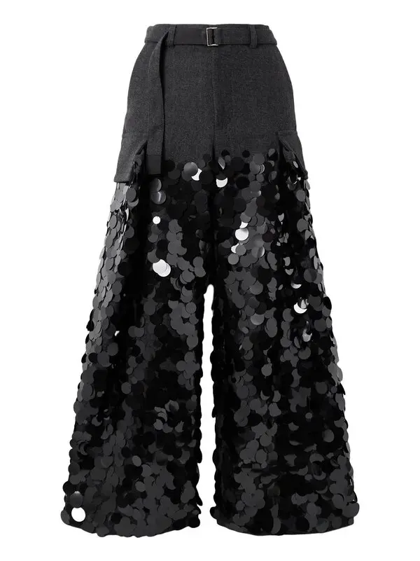 Sacai Sequined Wool Wide-leg Cargo Pants - Gray