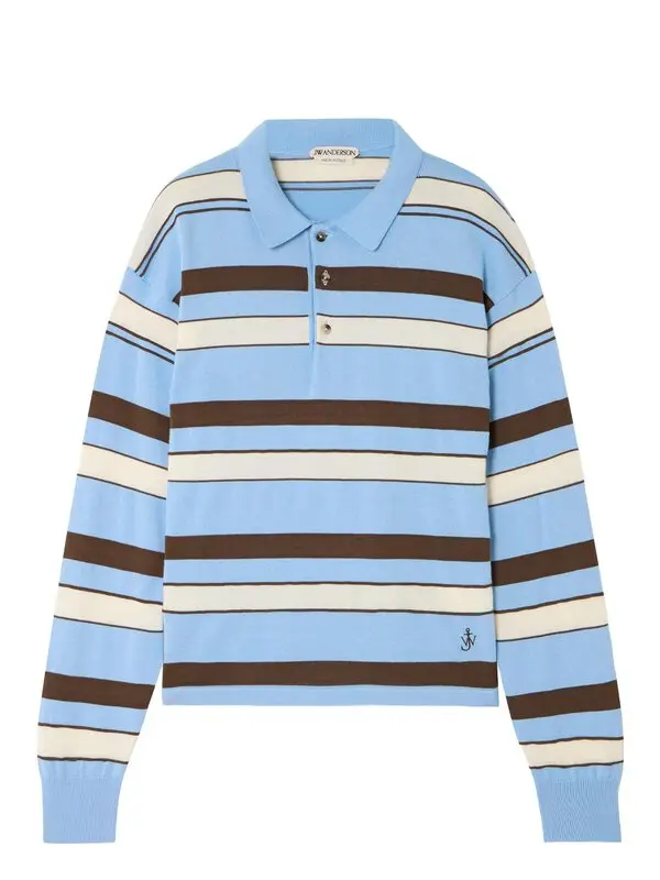 JW Anderson Embroidered Striped Cotton And Wool-blend Polo Shirt - Blue