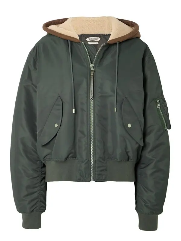 JW Anderson Hooded Padded Shell And Shearling Bomber Jacket - Green