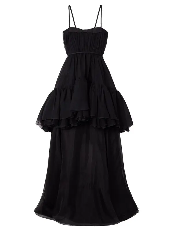 Giambattista Valli Layered Satin-trimmed Ruffled Silk-chiffon Gown - Black