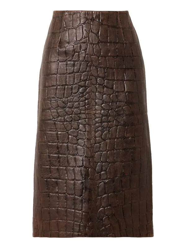 EMILIA WICKSTEAD Loretta Croc-effect Leather Midi Skirt - Brown