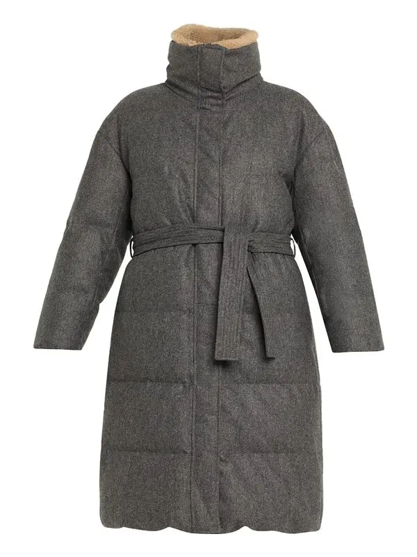 Brunello Cucinelli Wool-cashmere Puffer Jacket With Shearling Collar And Belt - Charcoal