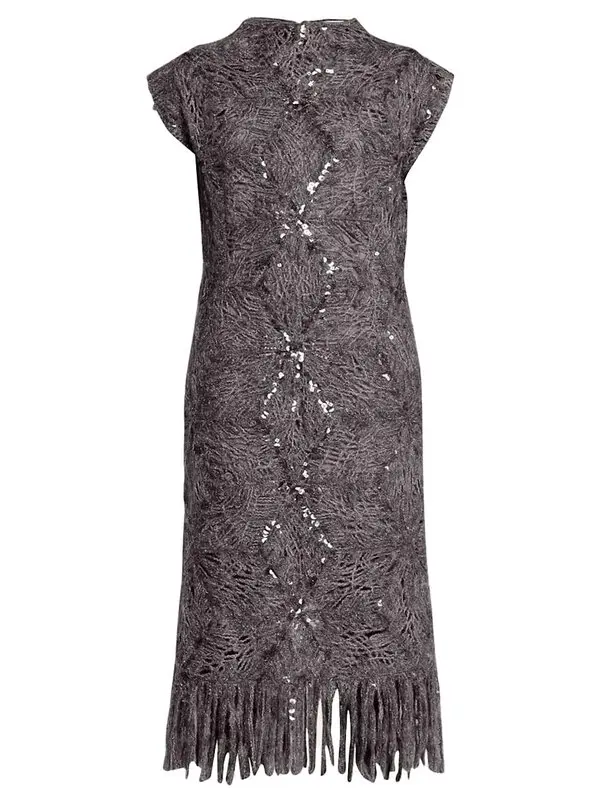 Brunello Cucinelli Frosty Sequined Wool-cashmere Fringe Midi Dress - Charoal