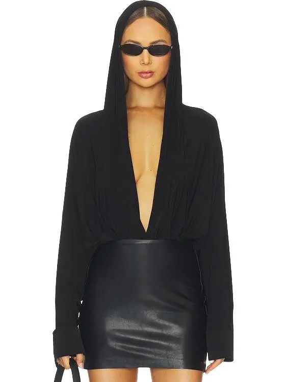Norma Kamali Hooded Oversized Boyfriend Shirt Bodysuit - Black