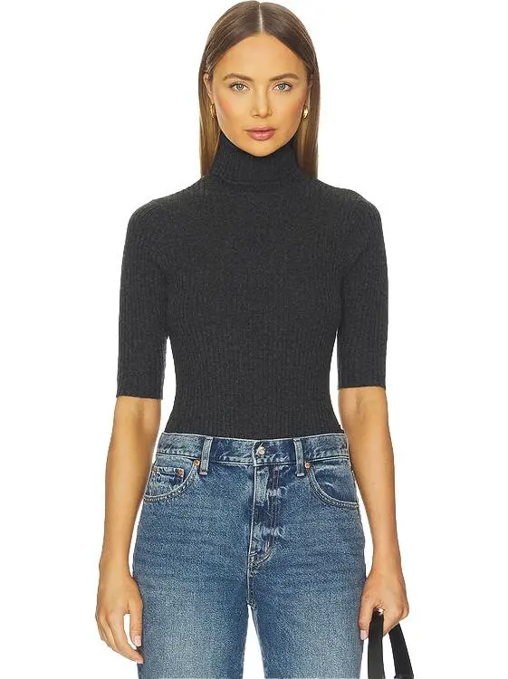 Autumn Cashmere Cropped Elbow Sleeve Ribbed Turtleneck Top - Pepper