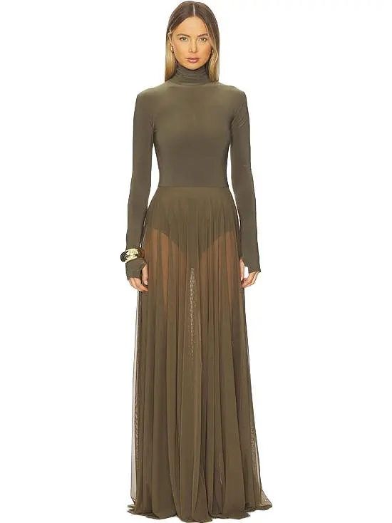 Norma Kamali Long Sleeve Turtleneck Flared Gown - Bark