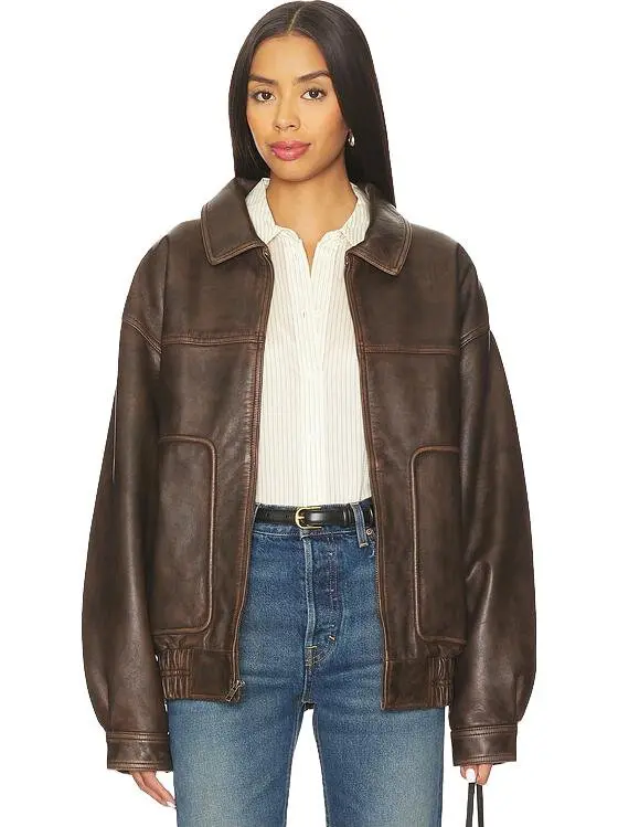 Joe's Jeans Luca Leather Bomber Jacket - Brown Distressed