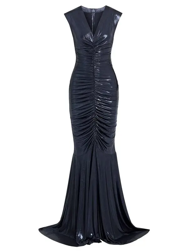 Norma Kamali Ruched Lamé Gown - Navy