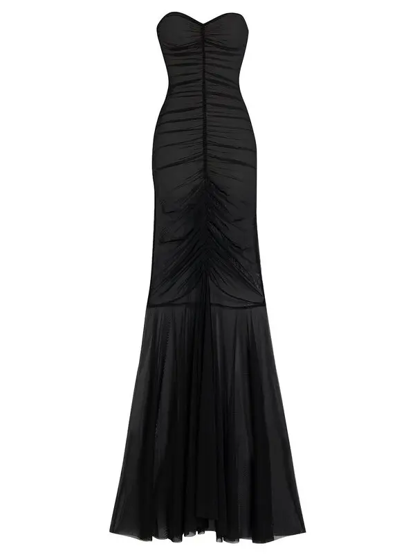 Norma Kamali Strapless Ruched Stretch-mesh Gown - Black