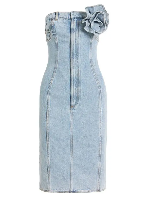 AREA Strapless Floral-appliquéd Denim Dress - Light Denim