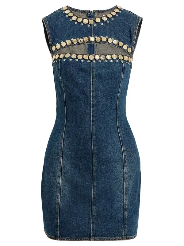 AREA Embellished Cutout Denim Mini Dress - Dark Denim