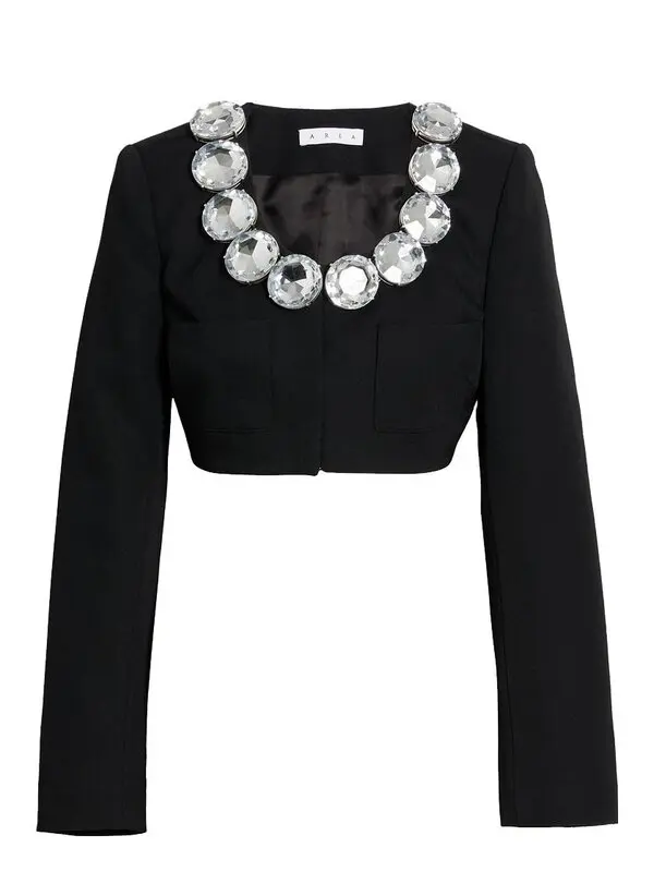 AREA Cropped Embellished Wool-twill Blazer - Black