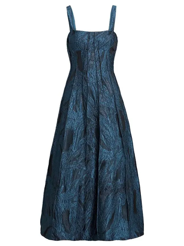 Simkhai Maya Pintucked Metallic Cloqué Midi Dress - Navy