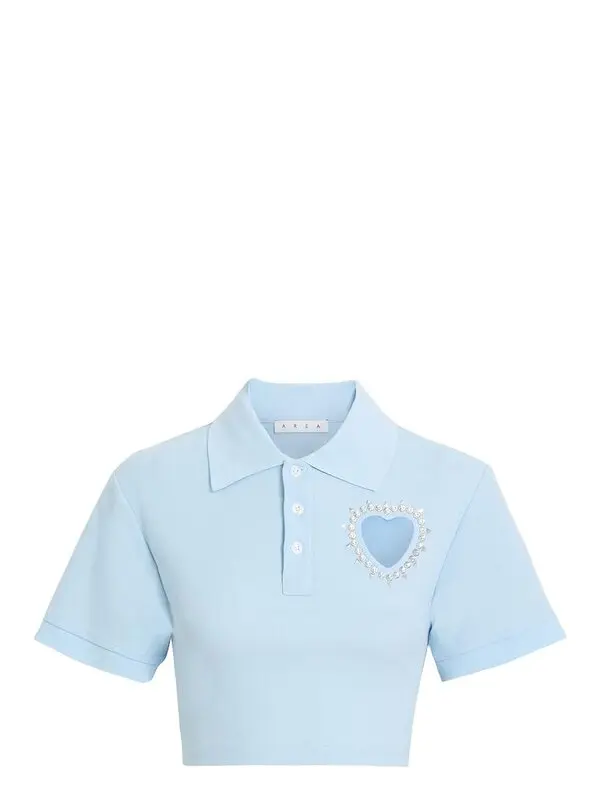 AREA Embellished Cropped Cotton-piqué Polo Shirt - Sky Blue