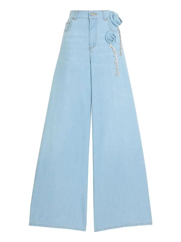AREA Embellished High-rise Wide-leg Jeans - Light Denim
