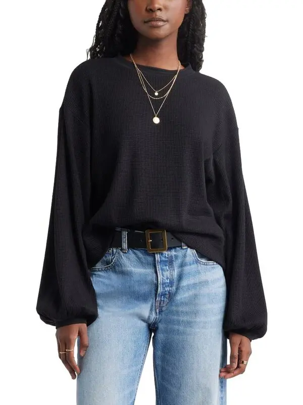 Treasure & Bond Blouson Sleeve Waffle Knit Top - Black