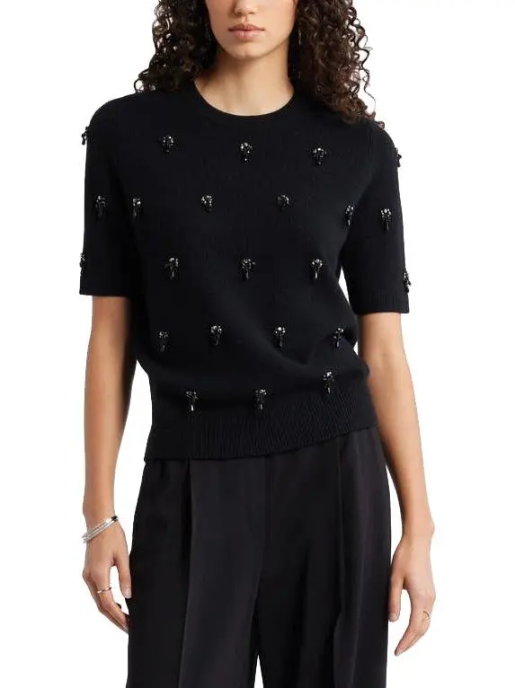 Nordstrom Embellished Wool & Cashmere Short Sleeve Sweater - Black Rock Embellished