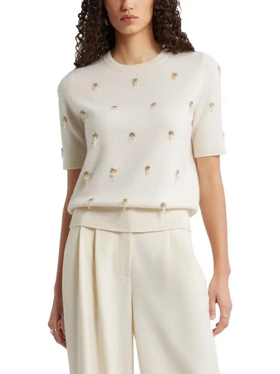 Nordstrom Embellished Wool & Cashmere Short Sleeve Sweater - Ivory Pristine Embellished