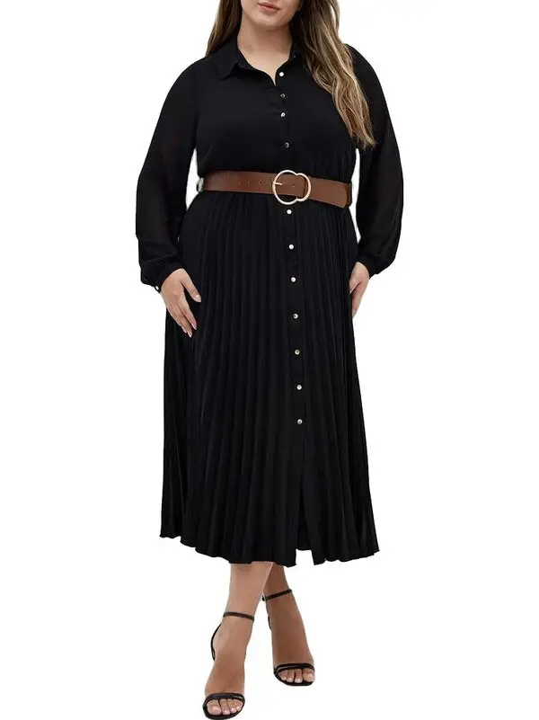 City Chic Belted Long Sleeve Pleated Maxi Shirtdress - Black