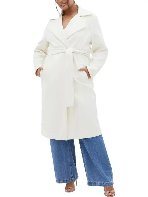 City Chic Tie Waist Double-breasted Coat - Cream
