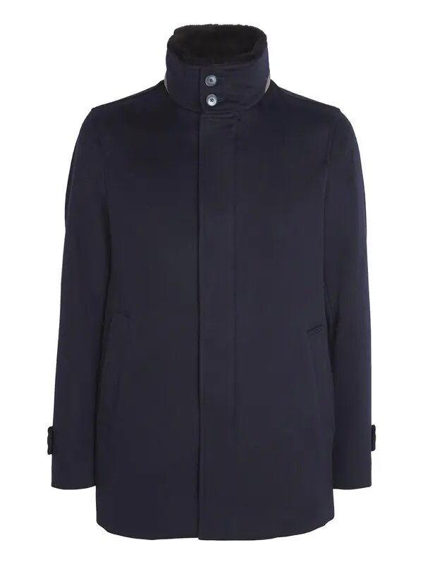 Herno Cashmere Car Coat With Shearling Trim - Navy