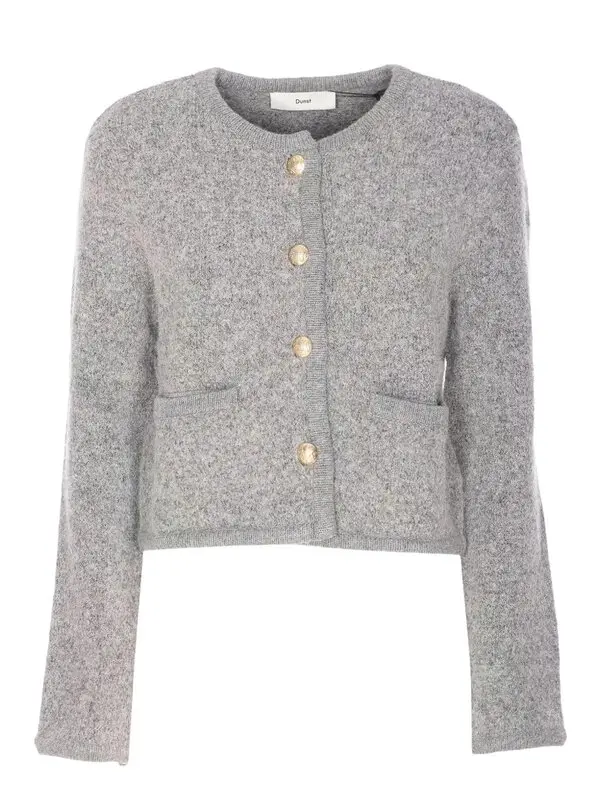 DUNST Collarless Bouclé Cardigan - Grey