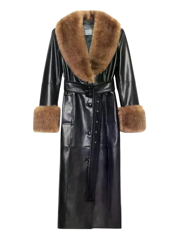 STAND STUDIO Faux Fur-trim Belted Coat - Black