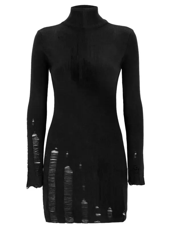 LANEUS Turtleneck Distressed Knit Mini Dress - Black