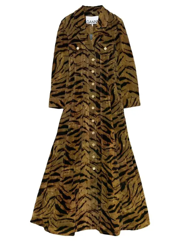 GANNI Tiger-print Button-up Maxi Dress - Brown