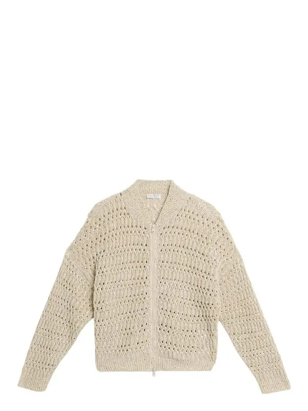 Brunello Cucinelli Paillette Linen Open-knit Zip Cardigan - Beige