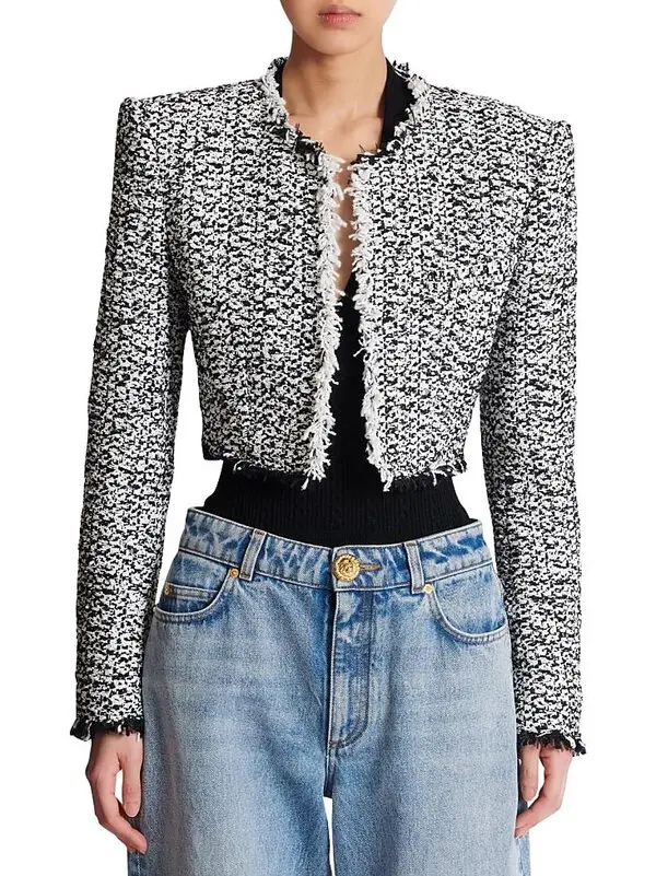 Balmain Cropped Textured Jacket - Black