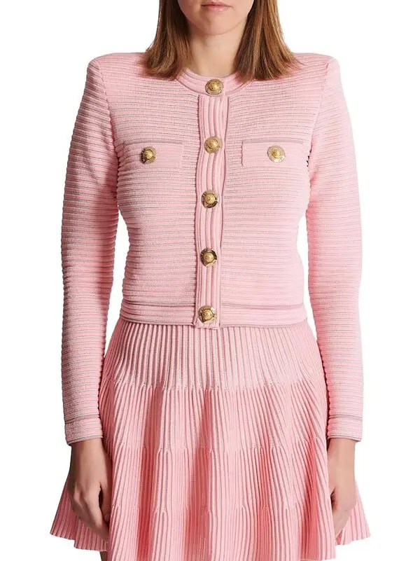 Balmain Long Sleeved Textured Knit Cardigan - Pink