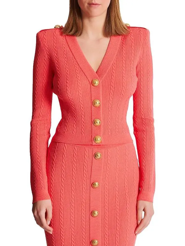 Balmain Long Sleeved Cable Knit Cardigan - Pink