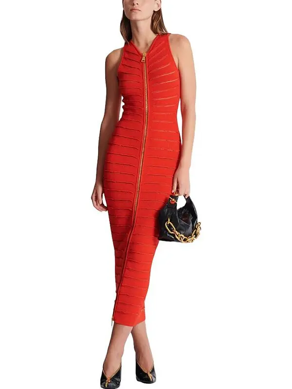 Balmain Crocodile Knit Sleeveless Maxi Dress - Red