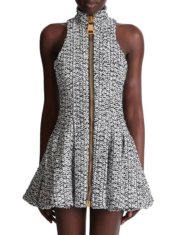 Balmain Sleeveless Flared Tweed Mini Dress - White