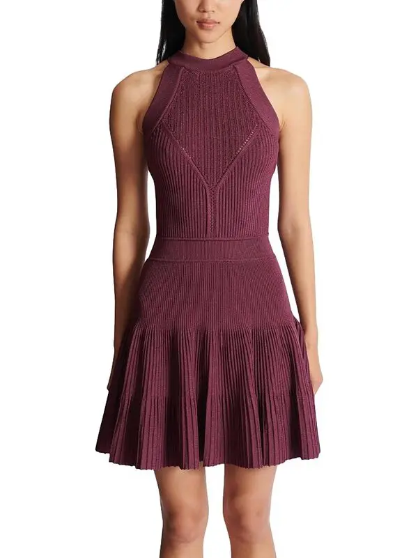 Balmain Sleeveless Flared Dress In Openwork Knit - Purple