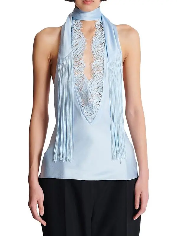 Balmain Backless Fringed Satin Top - Blue