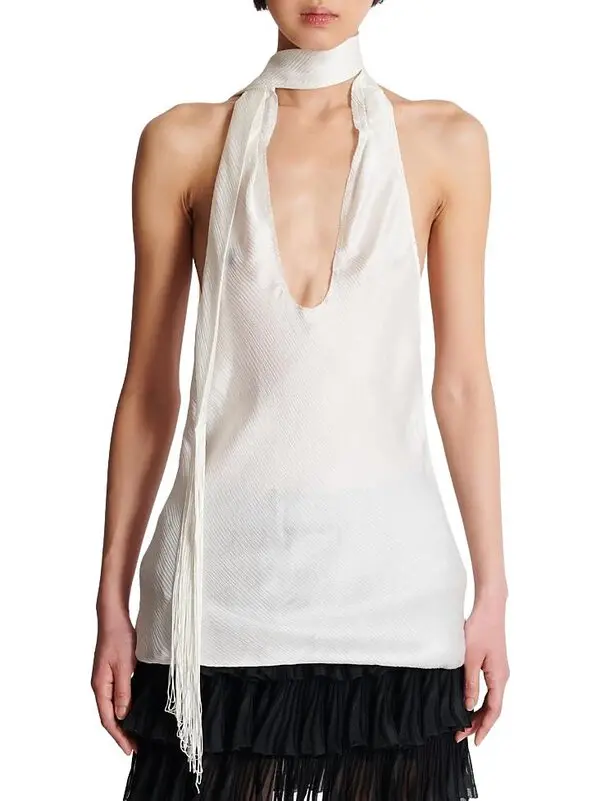Balmain Backless Fringed Satin Top - White