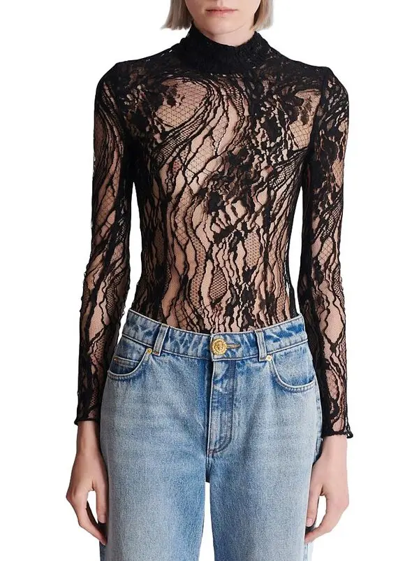 Balmain Long-sleeved Lace Bodysuit - Black