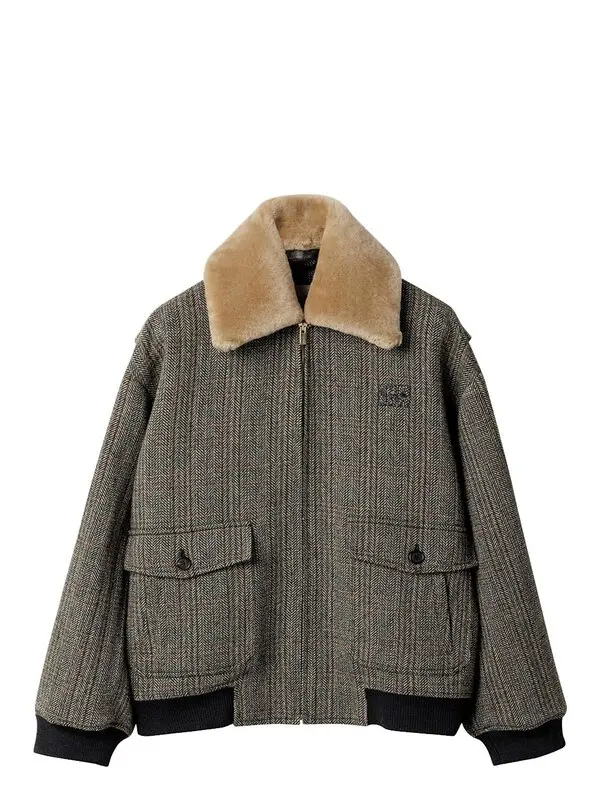 Miu Miu Shearling-collar Wool Tweed Bomber Jacket - Ardesia