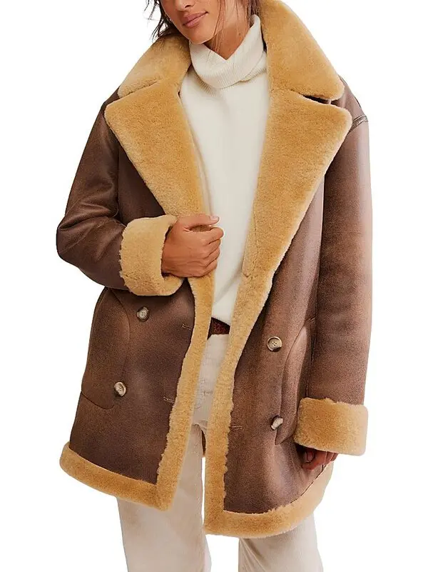 Free People Mari Reversible Aviator Coat - Tan Cream