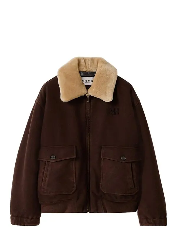 Miu Miu Lamb Shearling Collar Zip Barn Jacket - Tabacco