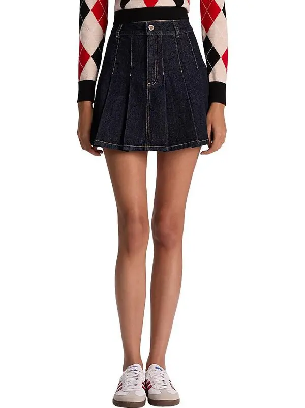 Alice + Olivia Suzie Pleated Denim Miniskirt - Dark Rinse