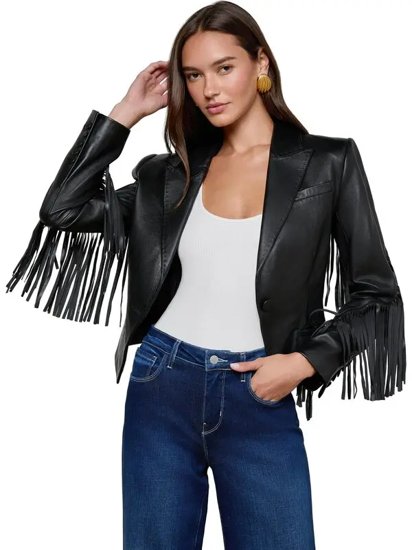 L'Agence Vashti Fringed Leather Blazer - Black